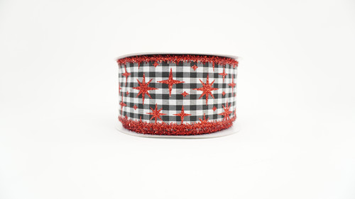 TINSEL EDGE AND GLITTER STARS RIBBON 2.5X10YDS RED,WHITE,BLACK | Craftex