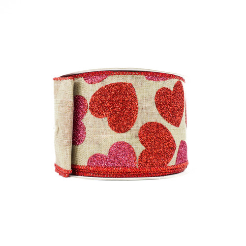 RIBBON NATURAL WITH BOLD HEARTS 2.5X10YDS | Craftex