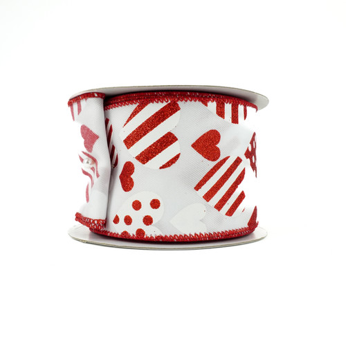 RIBBON 2.5" X 10YDS BOLD HEARTS WHITE AND RED | Craftex