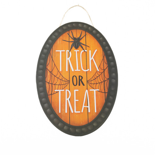 SPIDER OVAL SIGN WITH TRICK OR TREAT 13INX9IN ORANGE AND BLACK | Craftex
