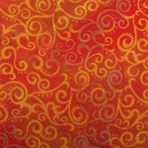 108" wide Tangerine Orange Ombre with Yellow and Tan Scrolls | Quilted Glo