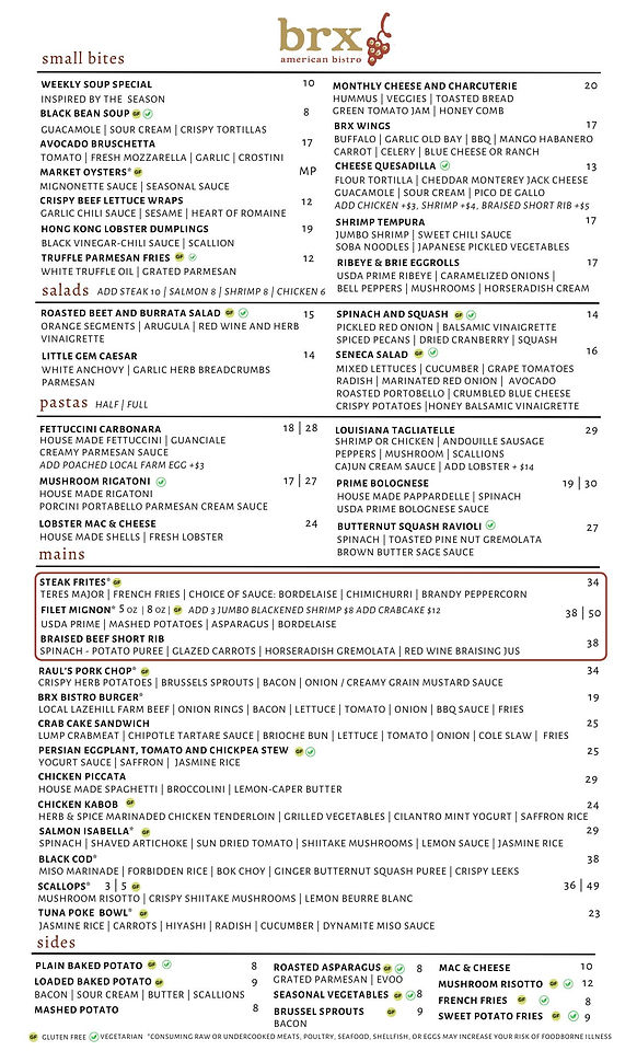 DINNER MENU | BRX American Bistro - Great Falls, VA