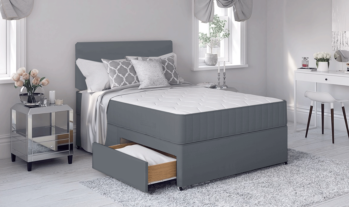 Grey Divan Bed Set With Memory Foam Mattress And Headboard Sleepyn