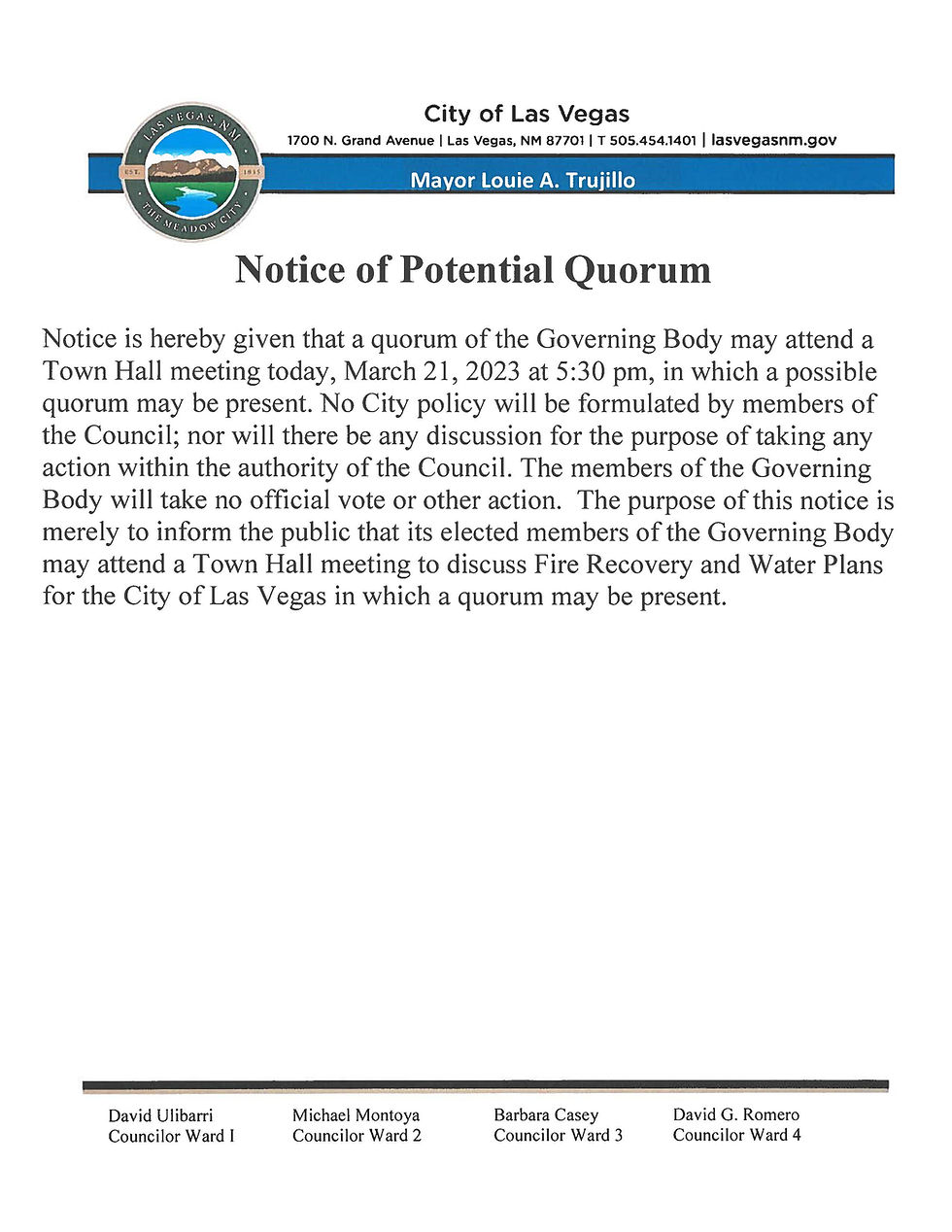 Notice of Potential Quorum