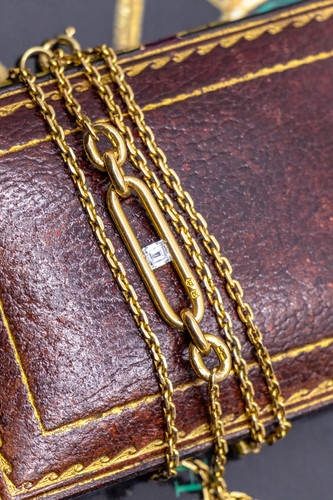 Antique 18ct Gold Rare Carre Diamond Trombone Necklace | Lucille London