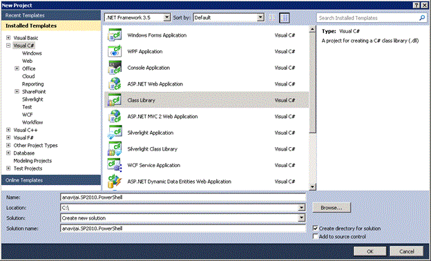 How to create custom powershell cmdlet using Visual Studio 2010