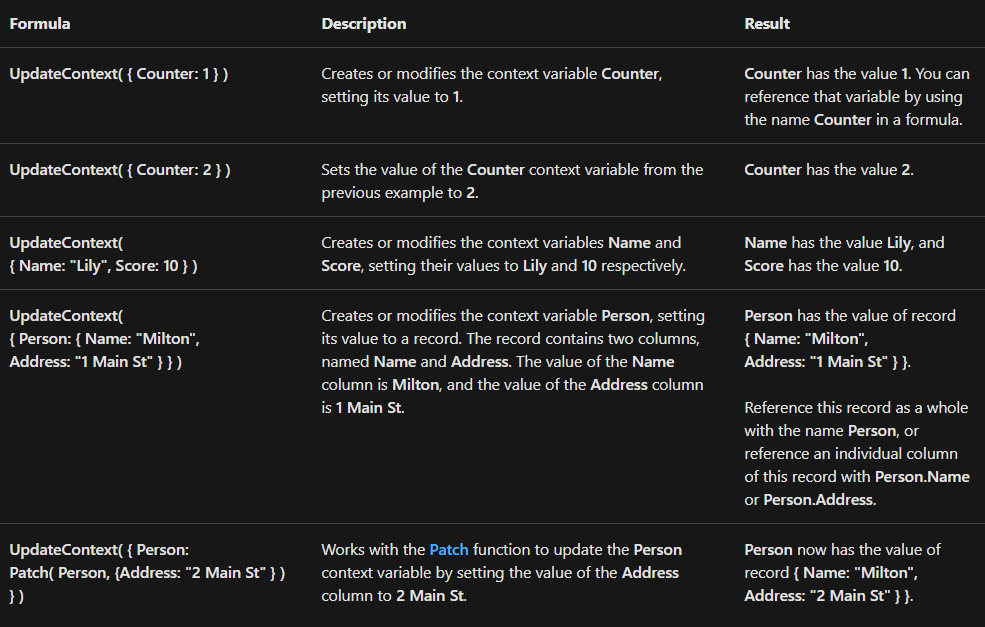 UpdateContext function in Power Apps
