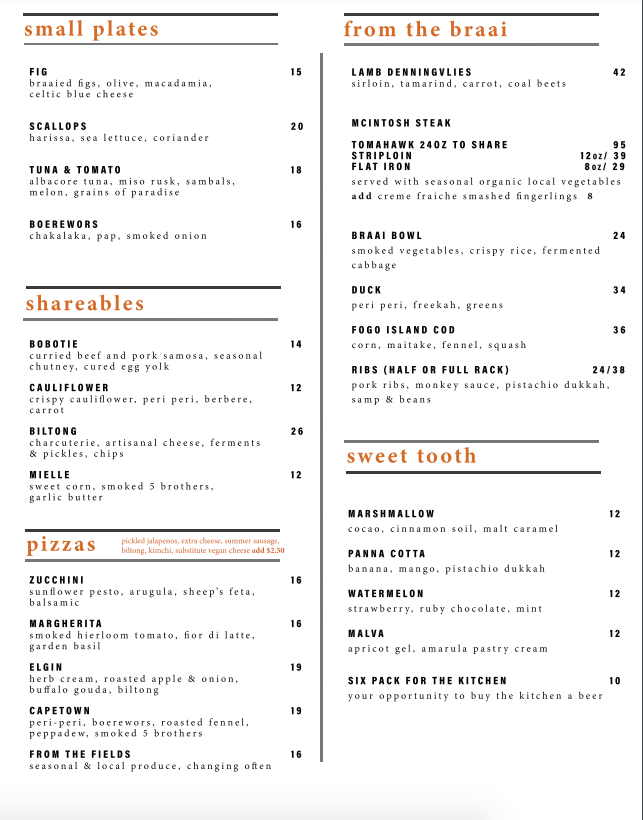 Menu | Braai House | Restaurant | Stratford, Ontario