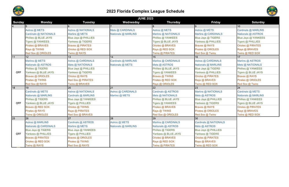 2023 Florida Complex League Schedule