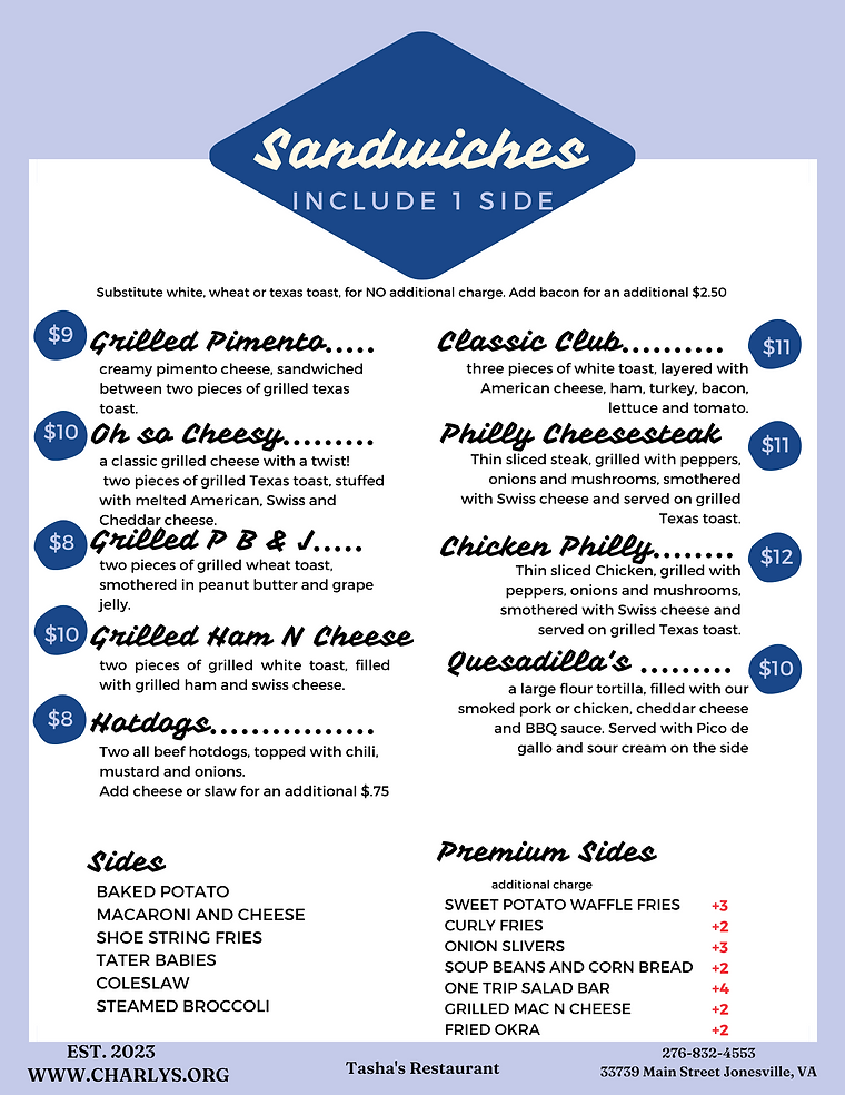 MENU | TASHA'S RESTAURANT | JONESVILLE VIRGINIA