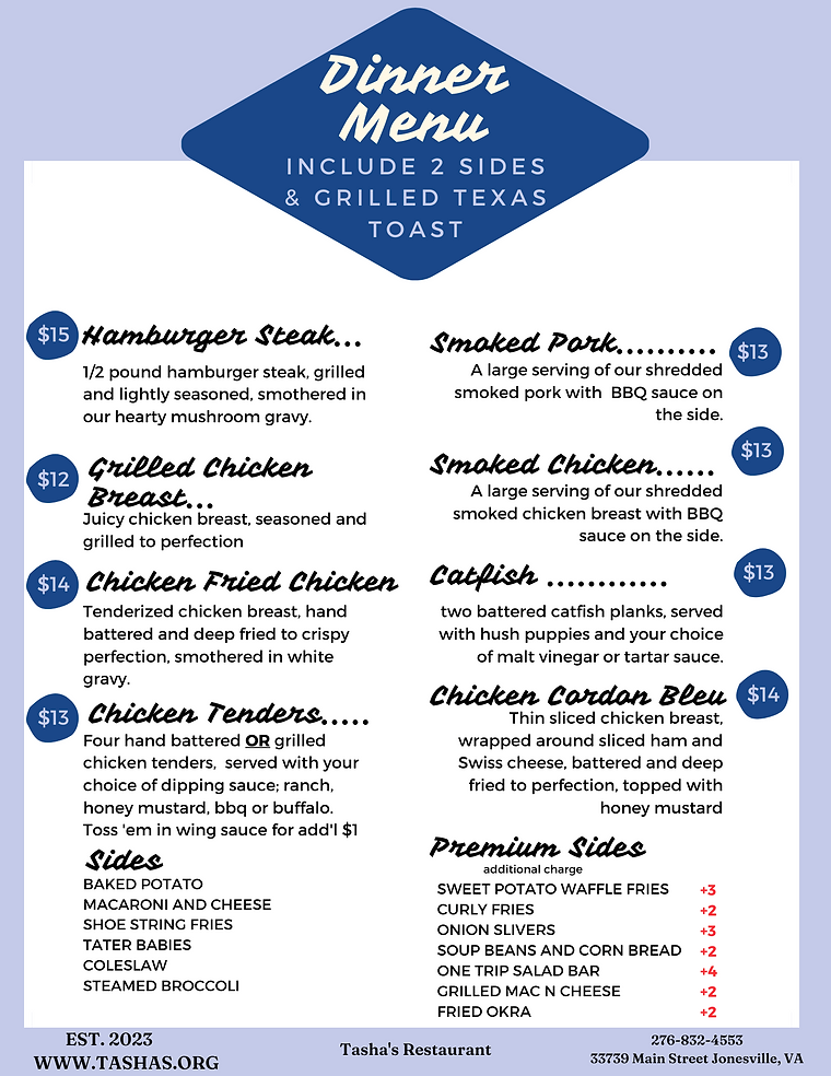 MENU | TASHA'S RESTAURANT | JONESVILLE VIRGINIA