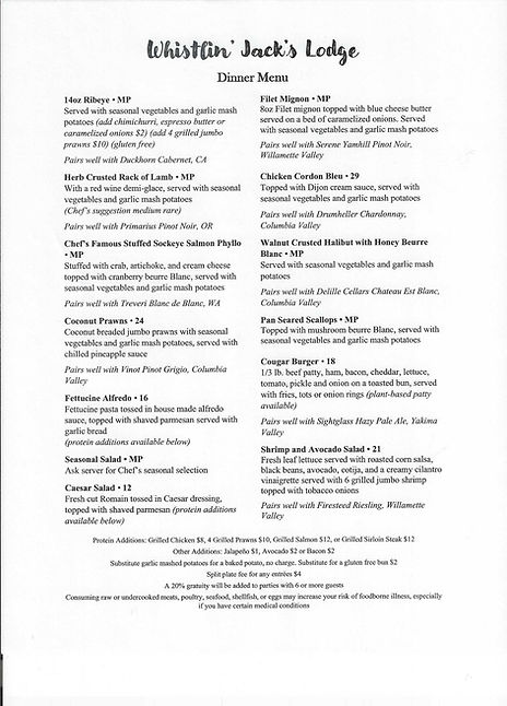 Delicious Daily Menu at Whistlin' Jack's Outpost & Lodge in Naches, WA ...