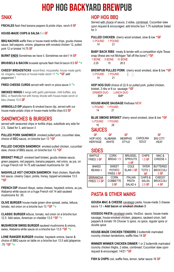Menu | Hop Hog Backyard Brewpub | Greenville