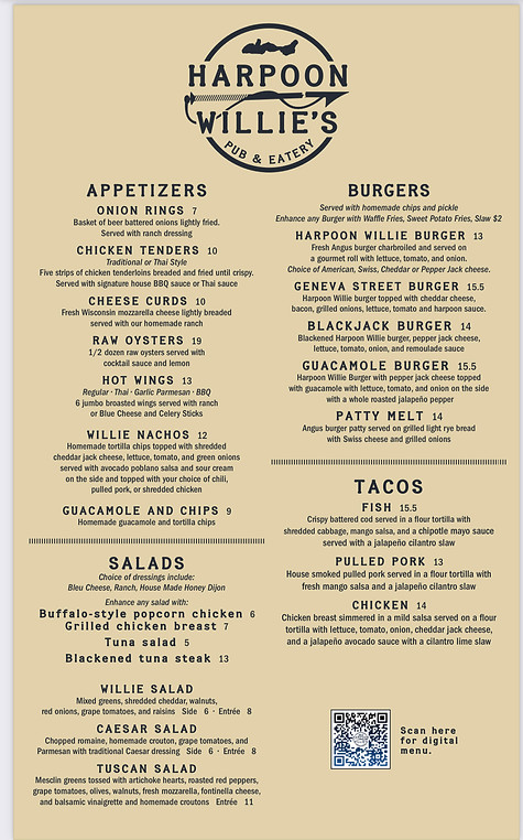 Harpoon Willies | Menu | Williams Bay