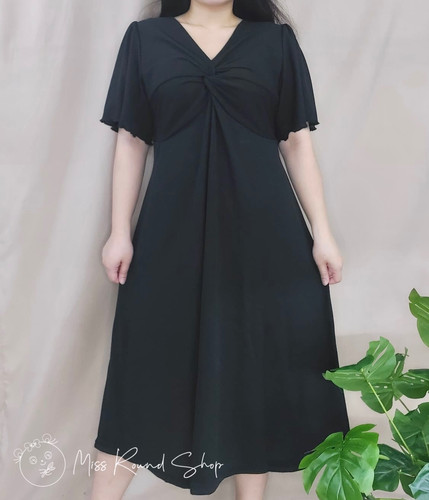V領擰結彈性修腰連身裙 | Miss Round Shop HK