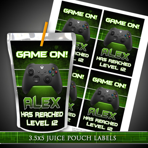Gaming Gamer Juice Pouch Labels Xbox PlayStation Green | Red Velvet Parties