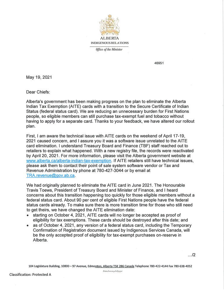 Letter from Alberta Indigenous Relations - May 19, 2021