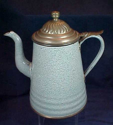 Blue Gray Speckled Graniteware Teapot | Walnut Manor Antique