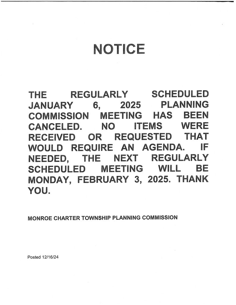 Planning Commission Notice of Canceled Meeting on 01/06/2025