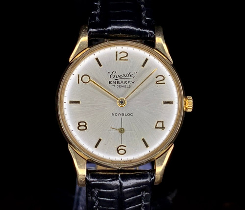 1960 Everite Embassy 9ct gold horn lug dress watch sunburst dial AS ...
