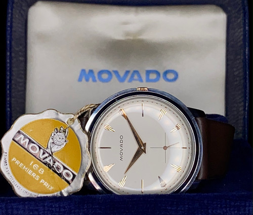 1950s NOS Chrome plated Movado dress watch, stepped case recessed crown ...