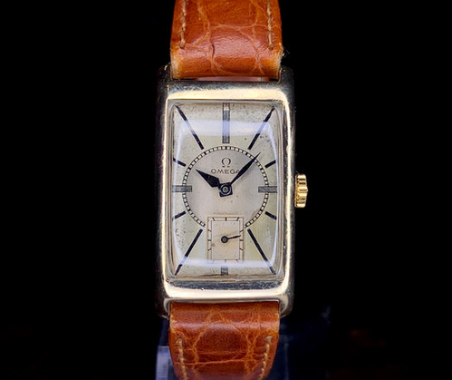 1936 Art Deco Omega T17 9ct gold Rectangular Tank watch, Dennison case ...