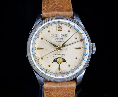 1950s Nivia Triple date moonphase Stainless 36mm watch, Valjoux 90 ...