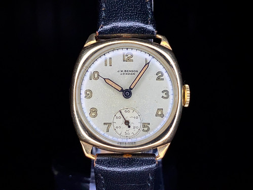 1948 9ct gold JW Benson Cushion case dress watch, syringe hands, 29mm ...
