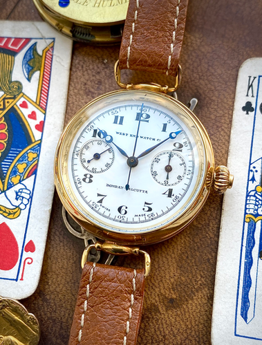 1920s West End Watch Co 18ct gold trench Monopusher Chronograph Valjoux ...