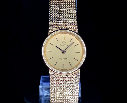 1980s 20mm Ladies Omega De Ville Quartz watch 1353 9ct gold integrated ...