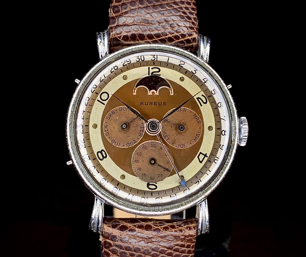 1950s Aureus Record Datofix Triple Date Moonphase cal 107 fancy lug ...