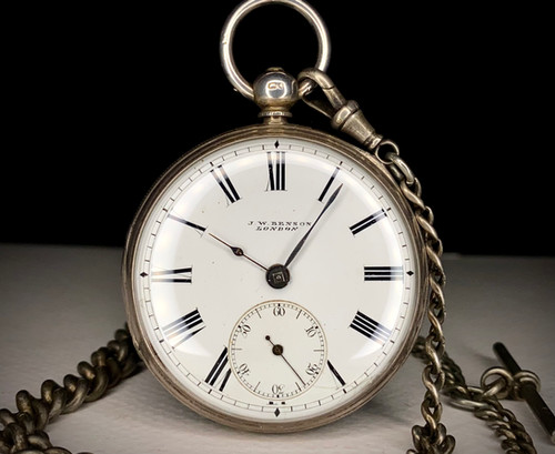 1878 Silver open face JW Benson Pocket watch English key wind Fusee ...