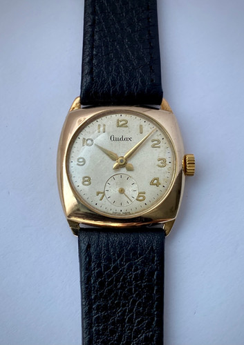 1957 Audax 9ct gold cushion case watch applied numerals, Venus 180 ...