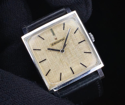 1960s Zenith Square Stainless dress watch with Beautiful Linen dial ...