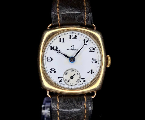 1929 Omega 9ct gold Dennison enamel dial cushion case watch cal 26.5SOB ...