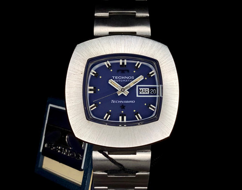 1970s Technos Technabird Automatic TV case watch Blue dial Ref 1407 ETA ...