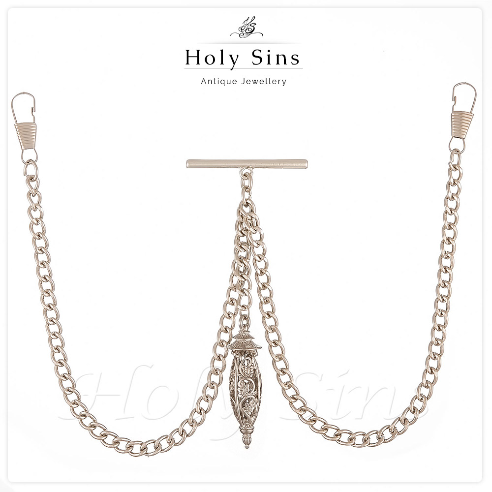 Made In The UK New Silver Colour Double Albert Pocket Watch Chain With ...