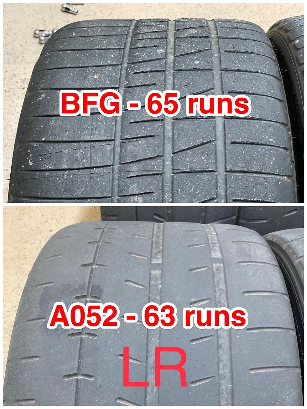 Tire Wear Comparison - Yokohama A052 & BFGoodrich Rival S 1.5 - 65 Runs