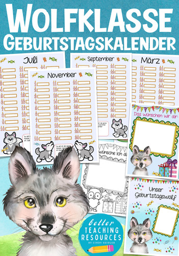 Wolfklasse Geburtstagskalender für die Grundschule Klassentier Wolf