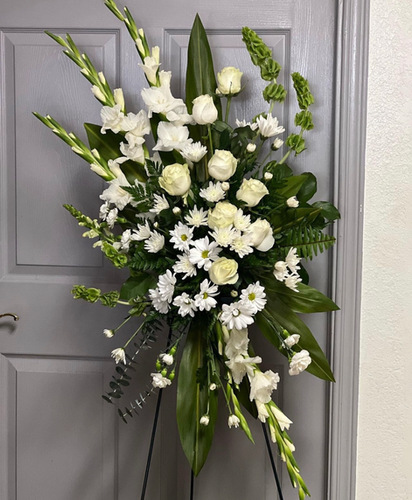 WHITE STANDING SPRAY WITH GLADIOLUS | Sophia's Flowers