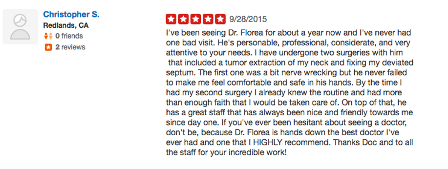 Testimonials | Google | Yelp | Dr. Andrew S. Florea MD| Corona