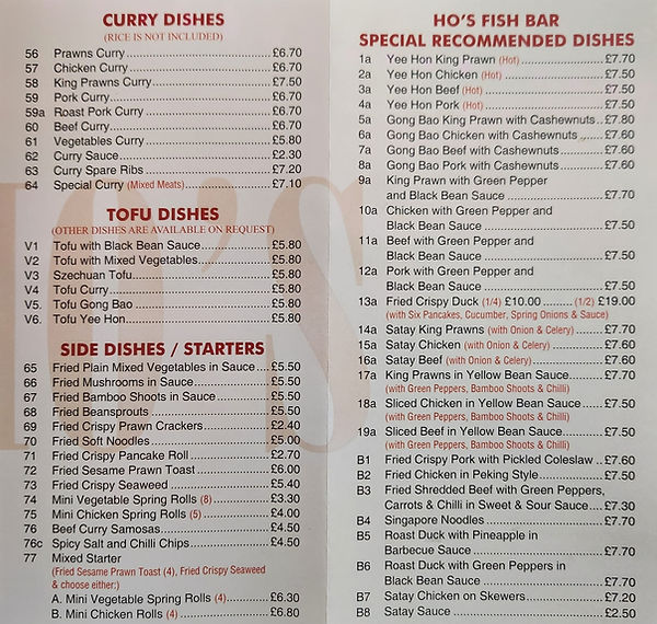 Chinese Takeaway Menu | Ho's Fish Bar