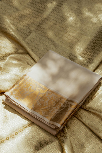 Beige Pure Silk Vesthi With Antique Gold Border - Temple Border ...