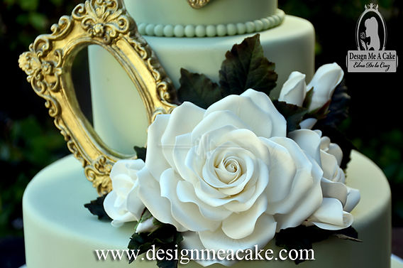 Green Cake with Gold Frames and Gumpaste Roses