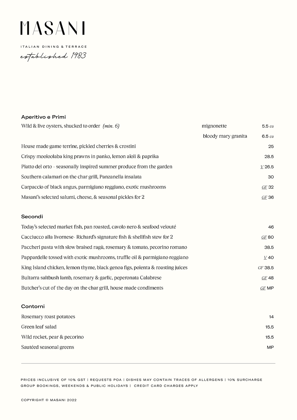 Masani | Italian Dining & Terrace | MENU