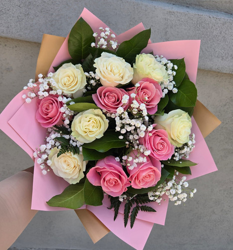 White & Pink Wrapped Bouquet | Karlas Flowers