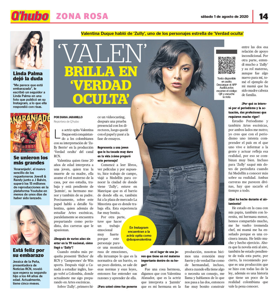 LA ACTRIZ VALENTINA DUQUE EN PERIÓDICO QHUBO
