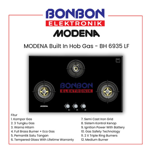 MODENA Kompor Tanam Gas 3 Tungku BH 6935 LF - Built In Gas Hob BH6935LF ...