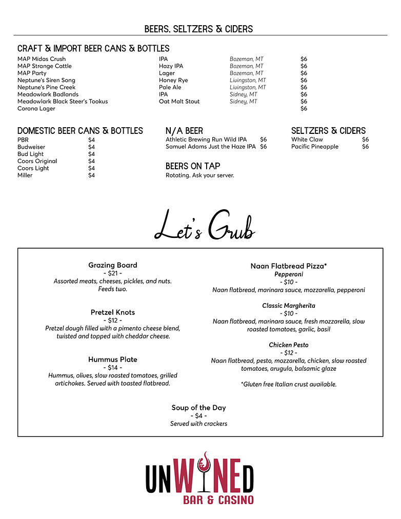 Menu | Unwined Bar and Casino | Livingston MT