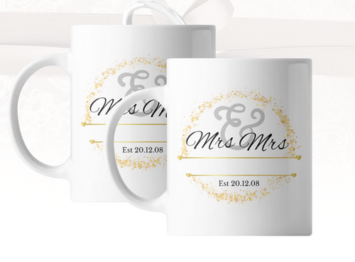 Personalised Couples Wedding Mugs With Gold Spray Design | Bad By ...